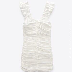Zara | Dresses | Zara White Ruffle Sleeve Linen Blend Mini Ruched Dress ...